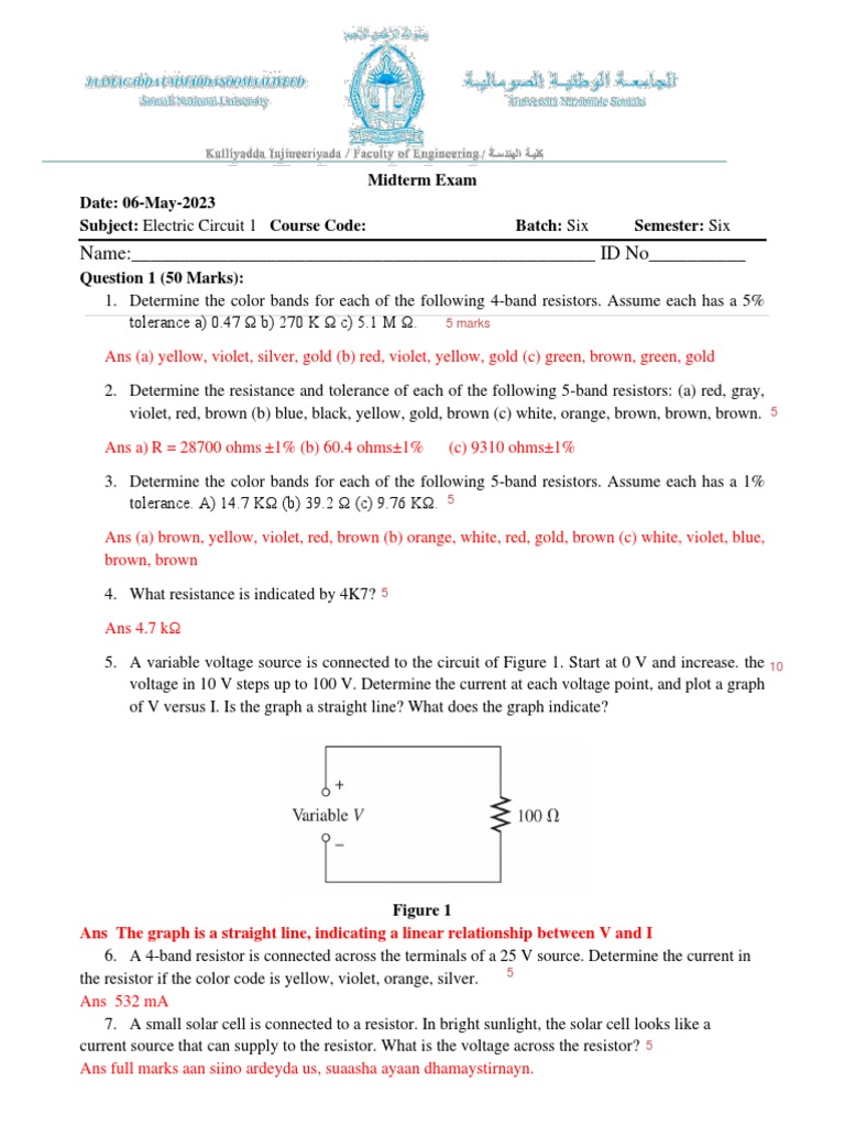 Electric Circuit 1 Midterm Exam April 2 Pdf Resistor Voltage