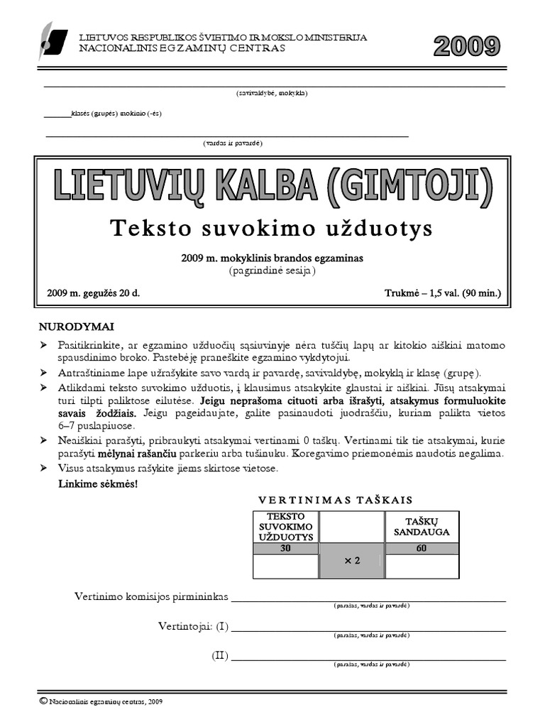 1038 Uzduotys 2009 MBE Liet K Gimt Suvokimo Uzduotis-1 | PDF