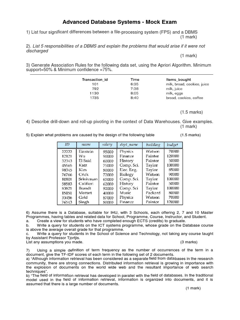Advanced Database Mock Exam Questions | PDF