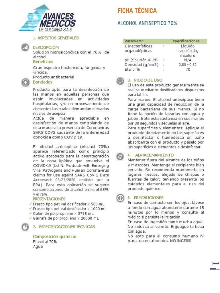 FT Alcohol Antiseptico 70 | PDF | Etanol | Agua