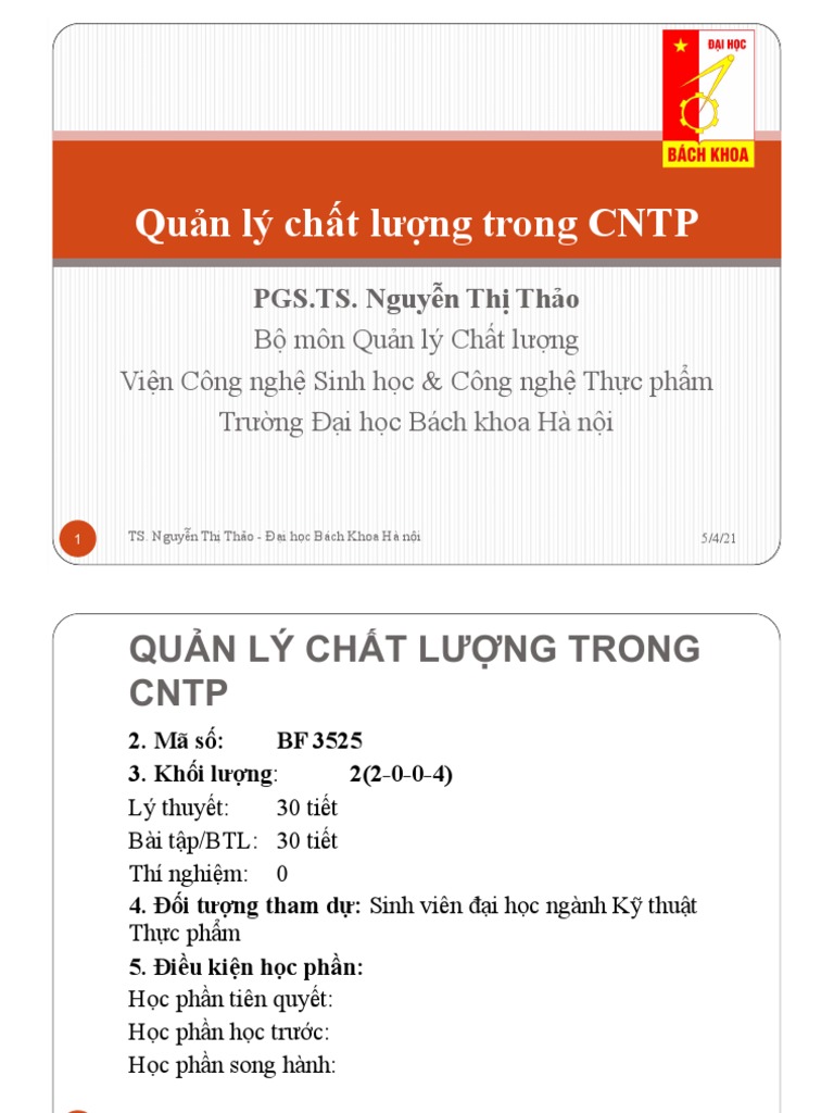 Bai Giang. Quản Lý Chất Lượng Trong CNTP-2020-1 | PDF