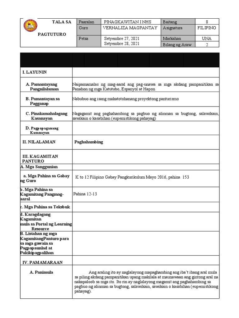 Filipino 8 Lesson Exemplar Melc 4 | PDF