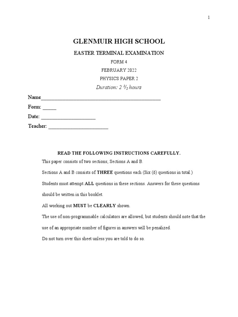 Form 4 Physics Easter Exam 2022 | PDF | Weight | Mass