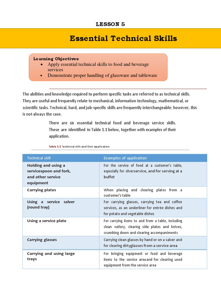 Lesson V - Technical Skills | PDF | Tableware | Cooking