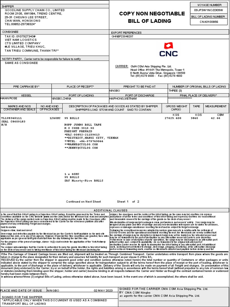 CNA0100856 | PDF | Cargo | Bill Of Lading