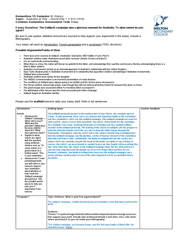 2020 WW1 Essay Task Sheet & Scaffold | PDF | Gallipoli Campaign ...