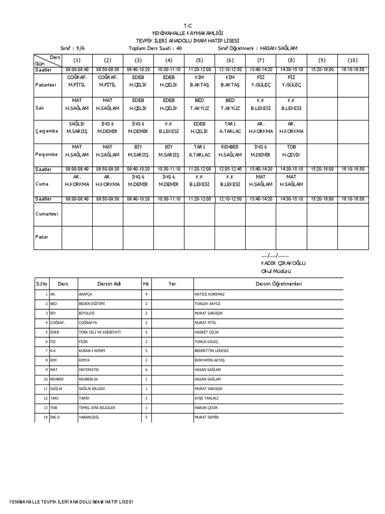 Li̇se Sinif Programlari 11.09.2023 | PDF
