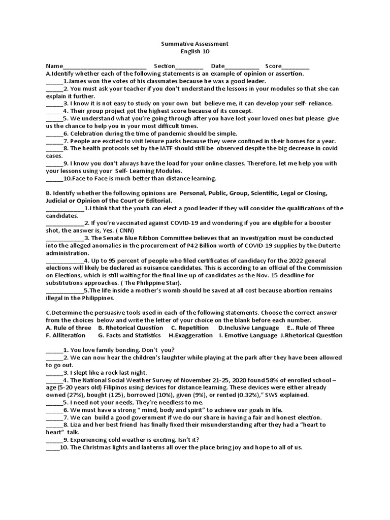 Summative Assessment ENGLISH 10 Quarter 1 S.Y. 2021 2022 | PDF