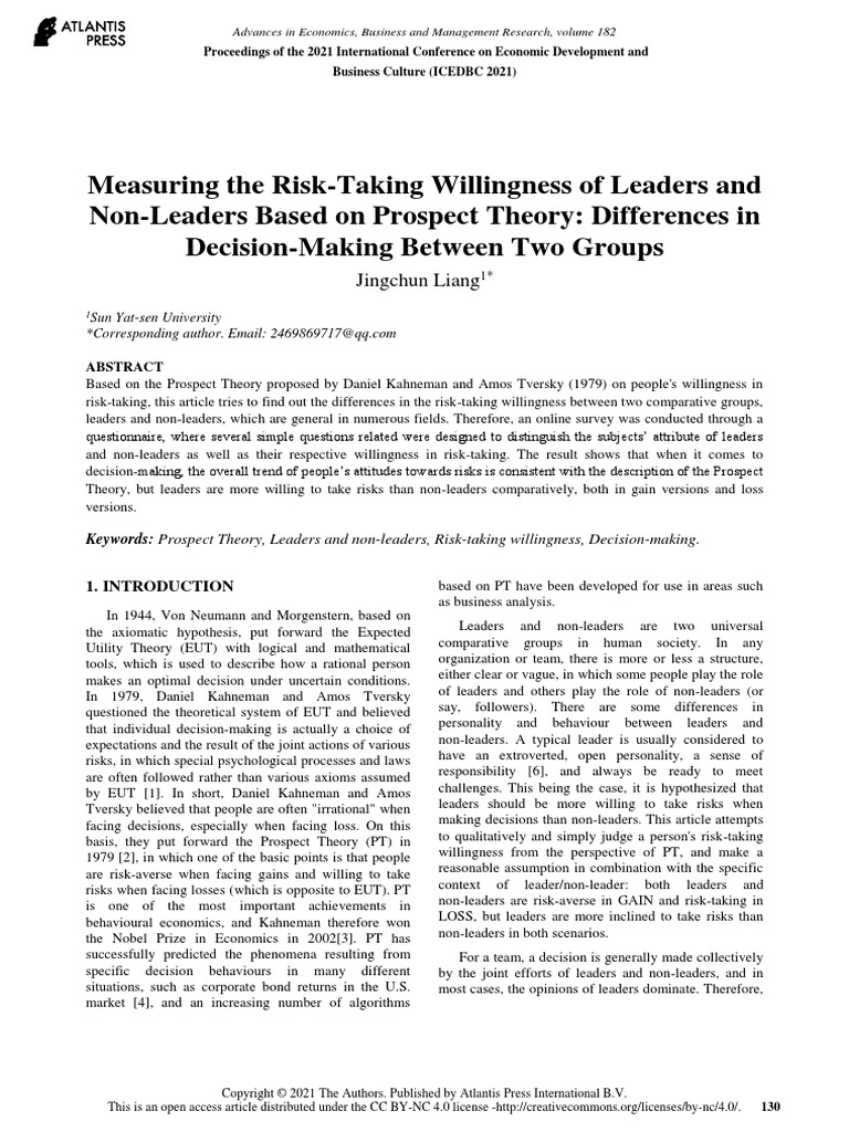 Measuring The Risk-Taking Willingness of Leaders and Non-Leaders Based On Prospect Theory ...