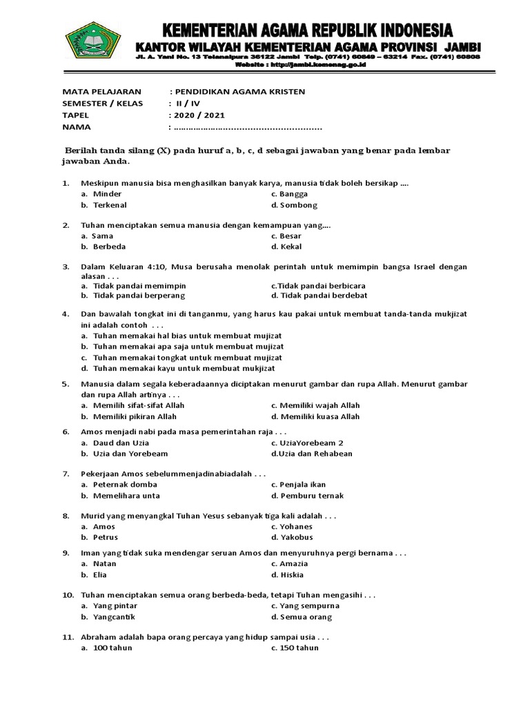 Soal Agama Kristen Kelas 2 Semester 2 | PDF