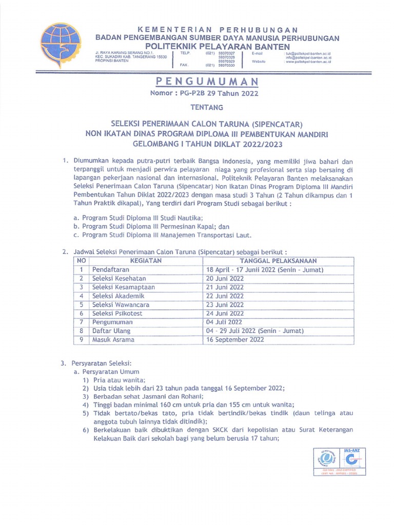 Pengumuman Seleksi Penerimaan Calon Taruna Sipencatar Non Ikatan Dinas ... Pengumuman Seleksi Penerimaan Calon Taruna Sipencatar Non Ikatan Dinas ...