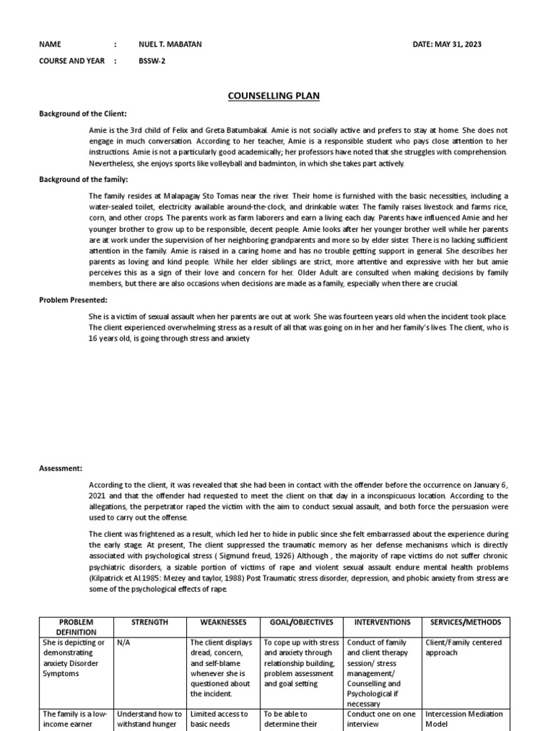 COUNSELLING PLAN - Sample | PDF | Psychological Trauma | Mental Disorder