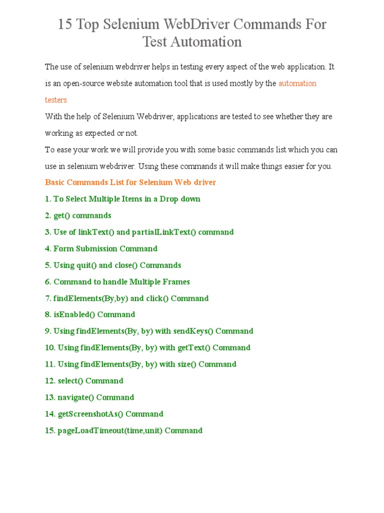 15 Top Selenium WebDriver Commands For Test Automation | PDF 15 Top Selenium WebDriver Commands For Test Automation | PDF