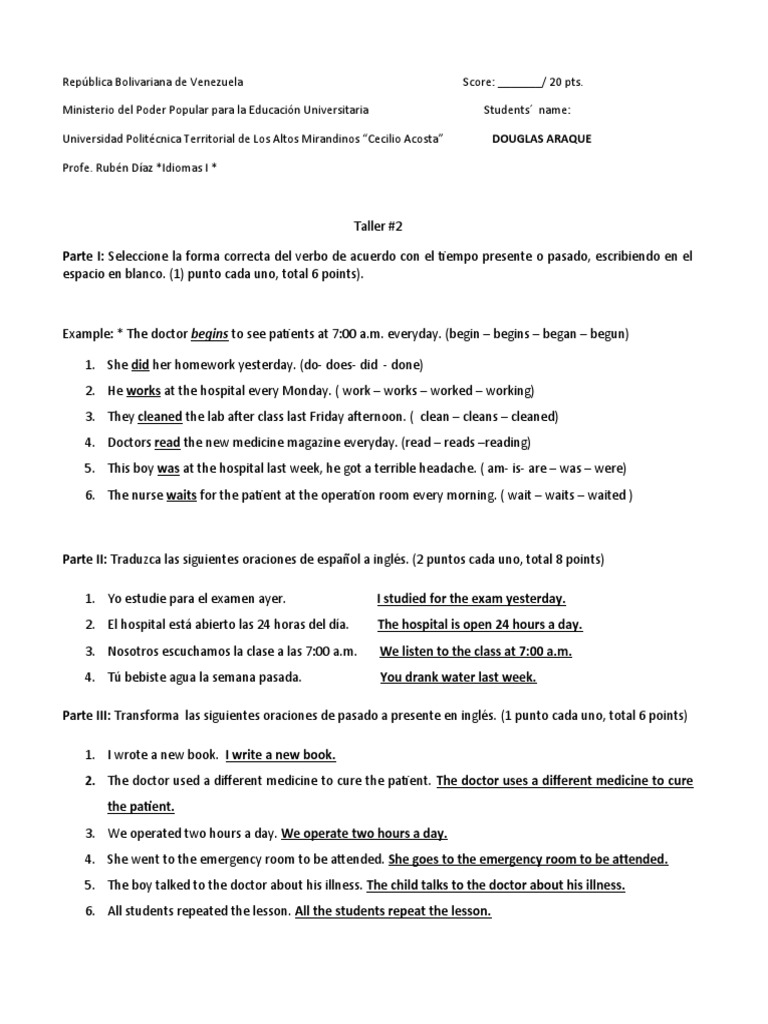 Evaluacion Presente y Pasado Simple | PDF