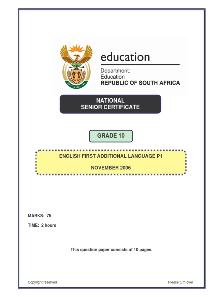 8.16 Gr10 - English FAL P1 - Pilot Nov 06 | PDF
