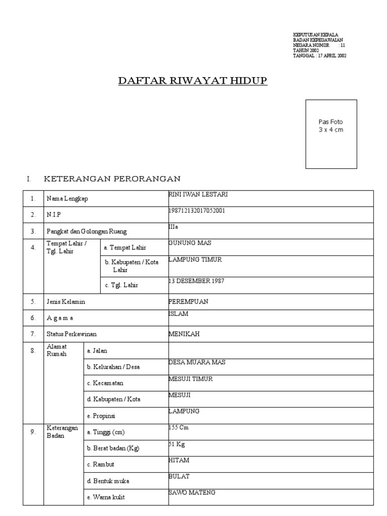 Daftar Riwayat Hidup Rini | PDF