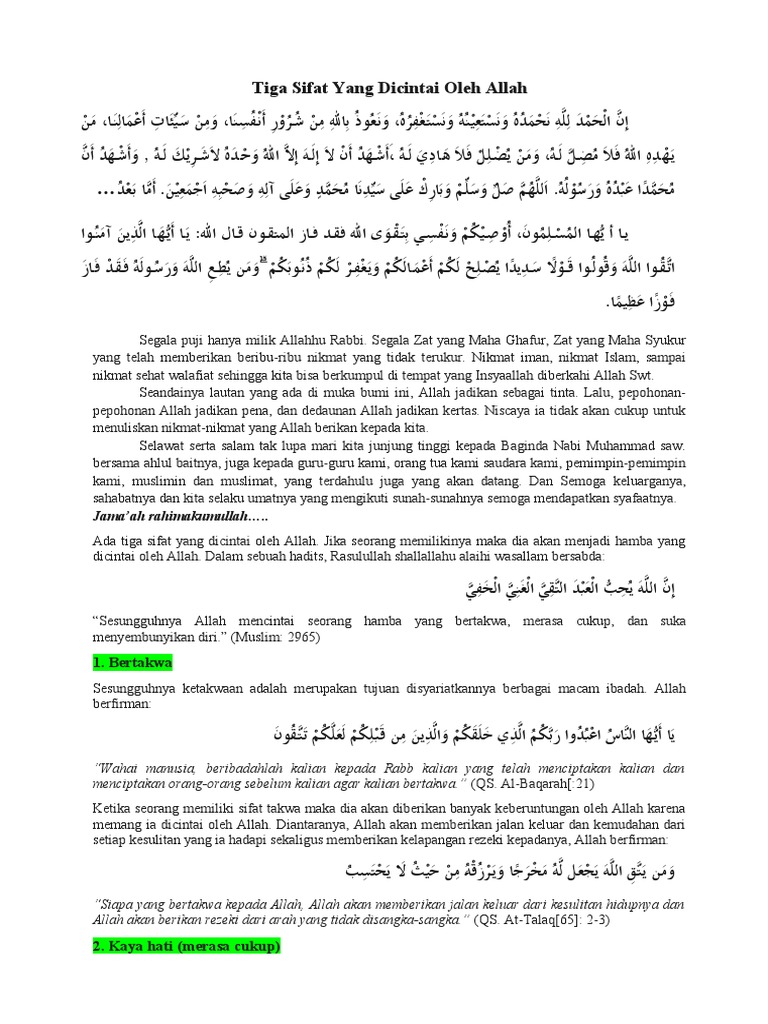 Khutbah Jum'at Tiga Keutamaan Yangdisukai Allah | PDF