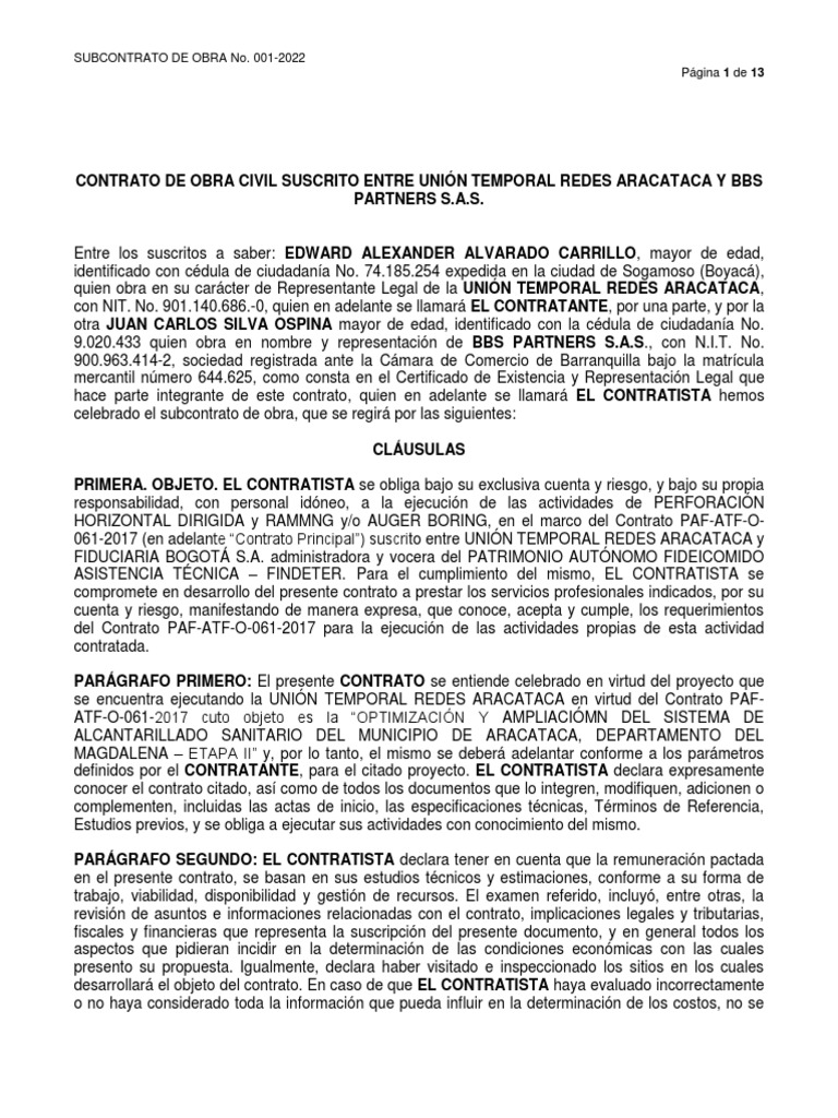 Subcontrato Civil de Obra Jacur BBS Final 31-03-2022 | PDF