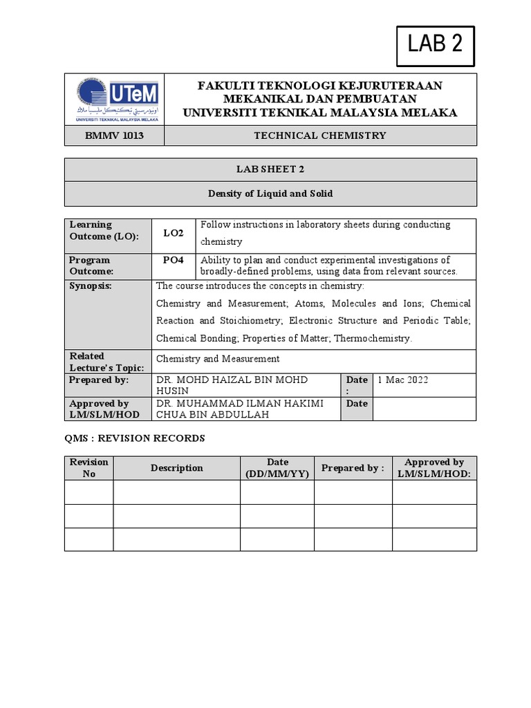 Bmmv1013 Lab 2 | PDF | Density | Volume