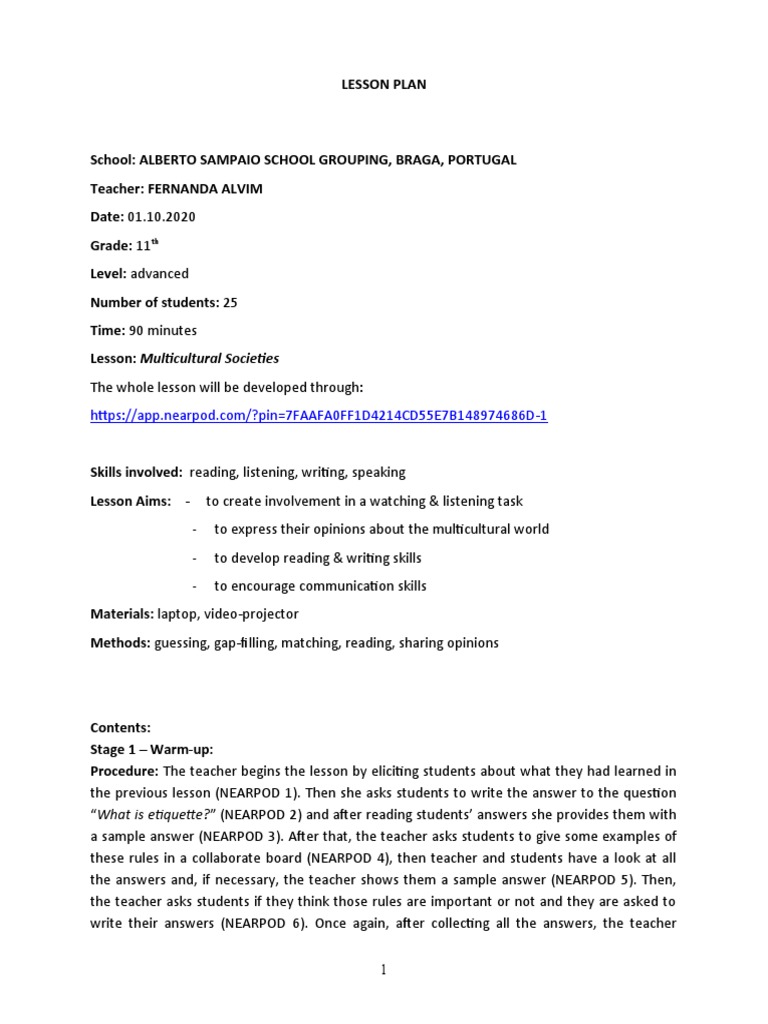 Advanced Lesson Plan: Multicultural Societies | PDF | Lesson Plan ...