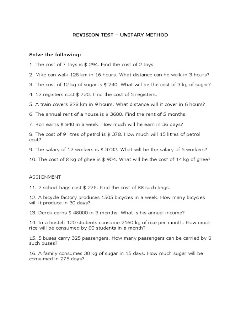 Class 5 Unitary Method Revision Test | PDF