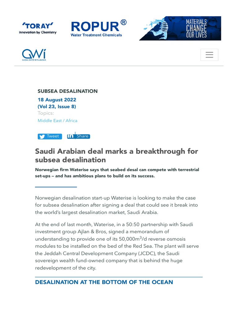 Saudi Arabian Deal Marks A Breakthrough For Subsea Desalination - Global Water Intelligence ...