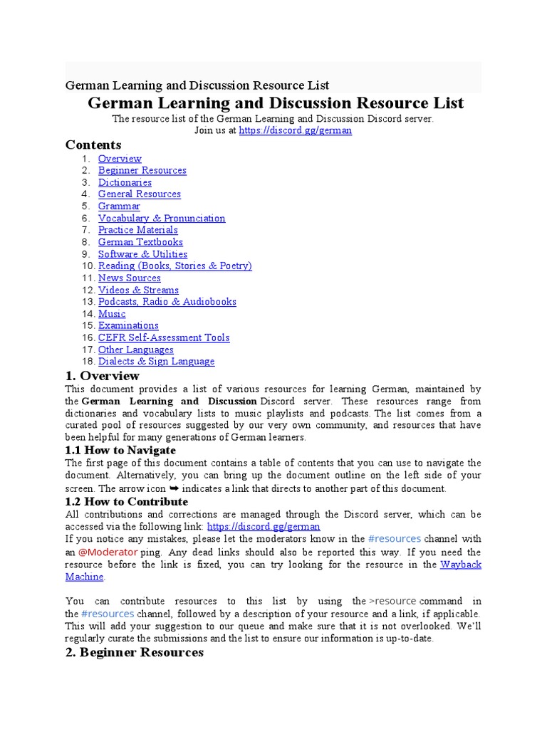 German Learning and Discussion Resource List | PDF