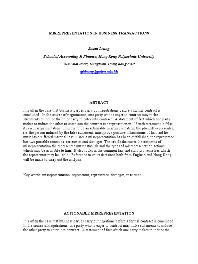 Business Misrepresentation Remedies | PDF | Misrepresentation In ...