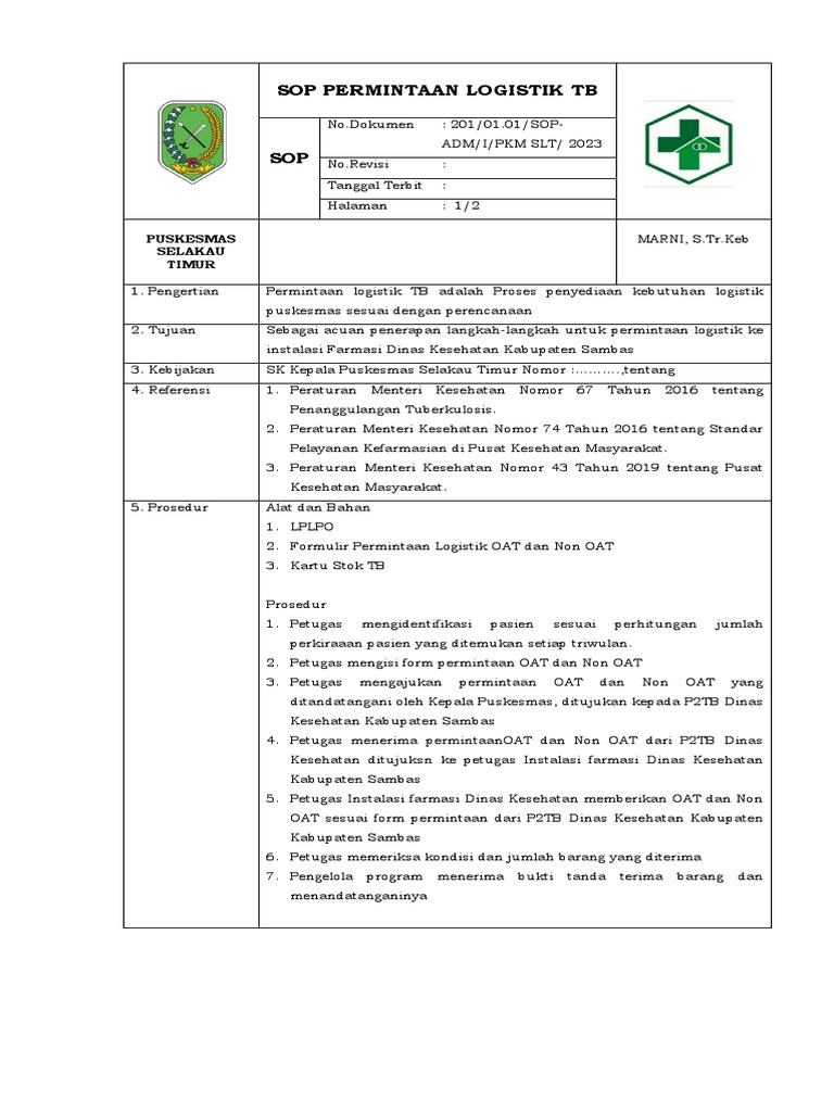 SOP Permintaan Logistik TB Puskesmas | PDF