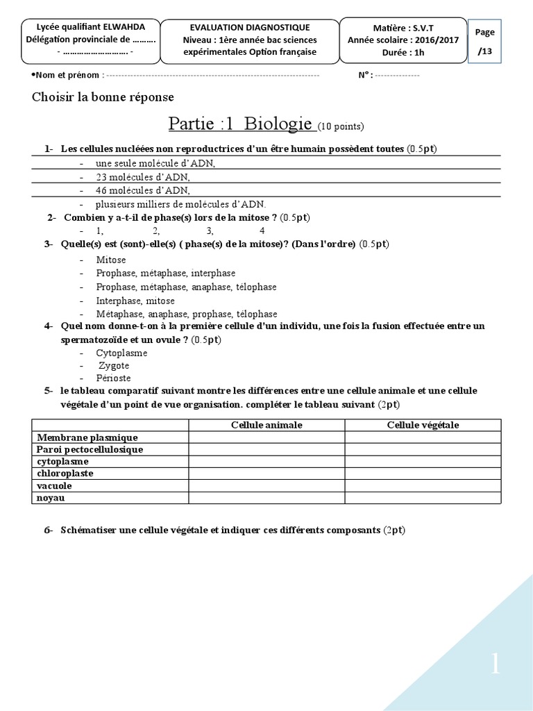Evaluation Diagnostique SVT Premiere Bac Sciences Word 1 | PDF