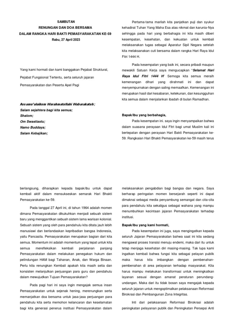 SAMBUTAN RENUNGAN DAN DOA BERSAMA HBP 27 April 2023 | PDF | Agama & Spiritualitas