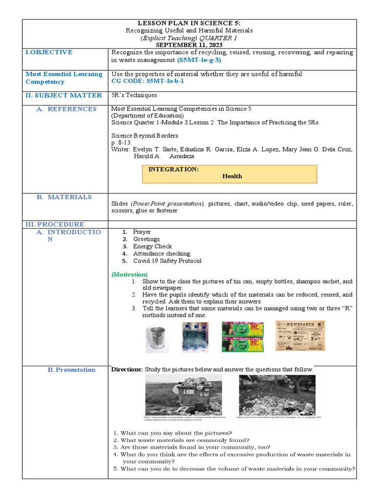 SCIENCE 5 LESSON PLAN W2-L2 5R's TECHNIQUES | PDF | Reuse | Recycling
