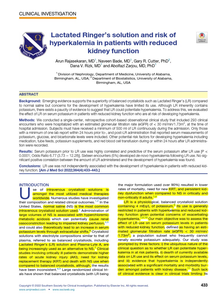 Lactated Ringer's Solution and Risk of Hyperkalemia in Patients With ...