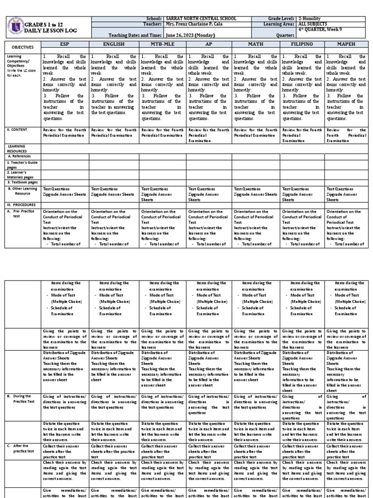 DLL - All Subjects 2 - Q4 - W9 | PDF | Multiple Choice | Teachers