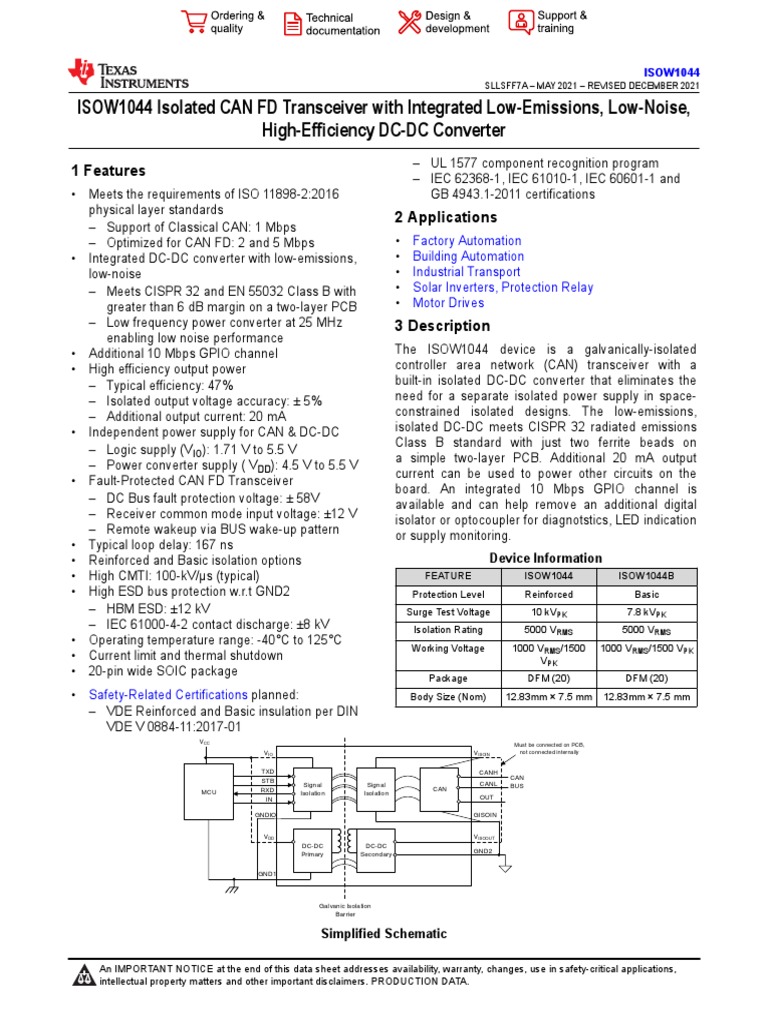 ISOW1044: Isolated CAN FD Transceiver | PDF | Electrostatic Discharge ...