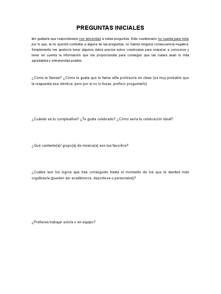 Preguntas Iniciales | PDF | Relaciones personales, crianza y desarrollo ...
