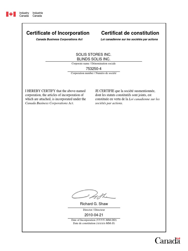 Certificate of Incorporation Certificat de Constitution: Solis Stores ...