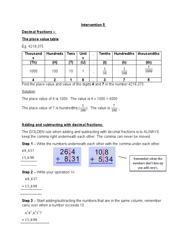 Decimal Fractions Guide: Place Value & Operations | PDF | Numbers ...