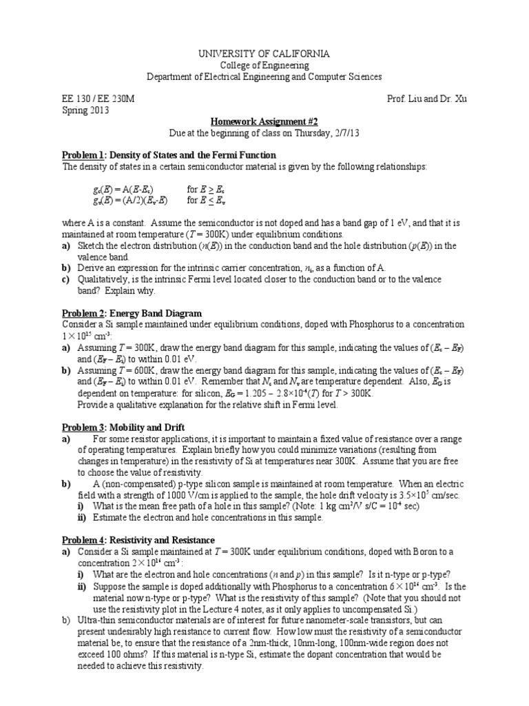 HW 2 | PDF | Doping (Semiconductor) | Electrical Resistivity And Conductivity