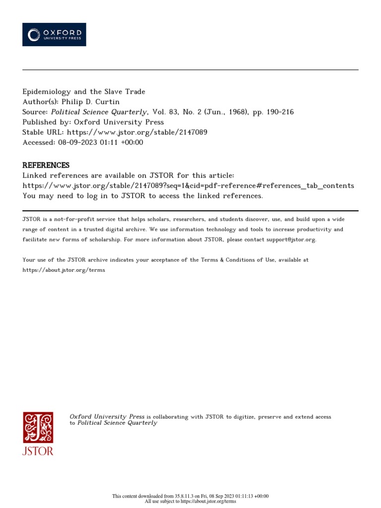 Curtin EpidemiologySlaveTrade 1968 | PDF | Atlantic Slave Trade | Malaria