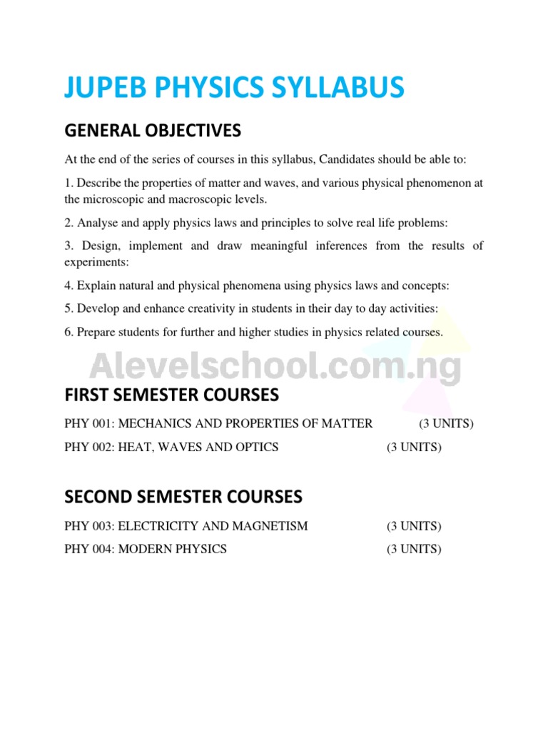 Jupeb 2019 Physics Syllabus | PDF | Gases | Atoms
