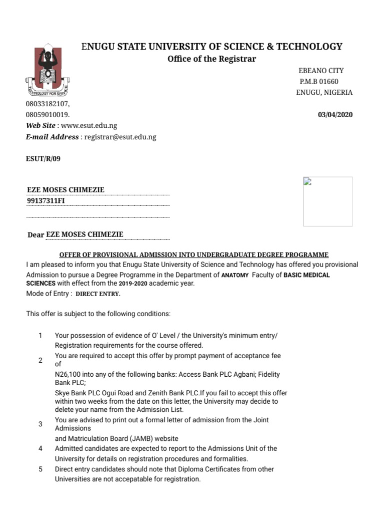 Esut Admission Notification | PDF | Academic Degree | Academia