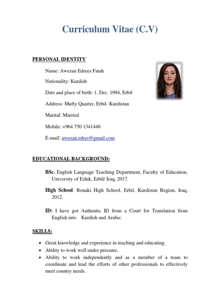 Kurdish Curriculum Vitae of Awezan Edrees | PDF