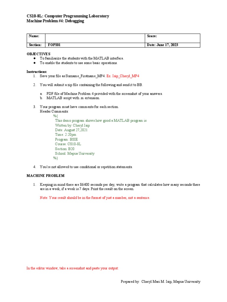 MATLAB Debugging: Machine Problem 4 | PDF | Career & Growth | Computers