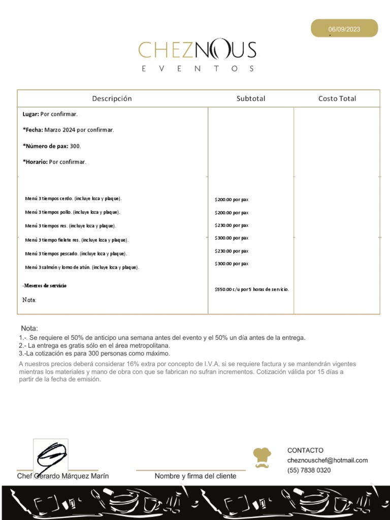 Menu A 3 Tiempos 300 Pax | PDF