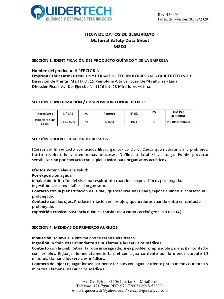 HOJA TECNICA DE SEGURIDAD HIPERCLOR-Na | PDF | Quemar | Agua
