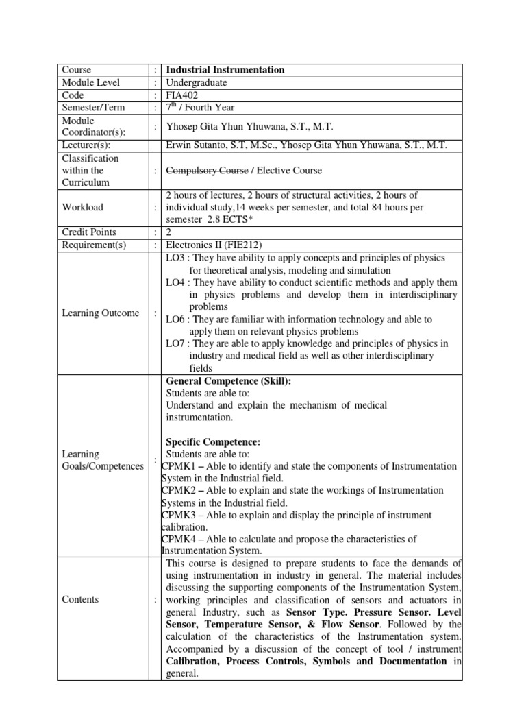 MODULE HANDBOOK - Instrumentasi Industri | PDF