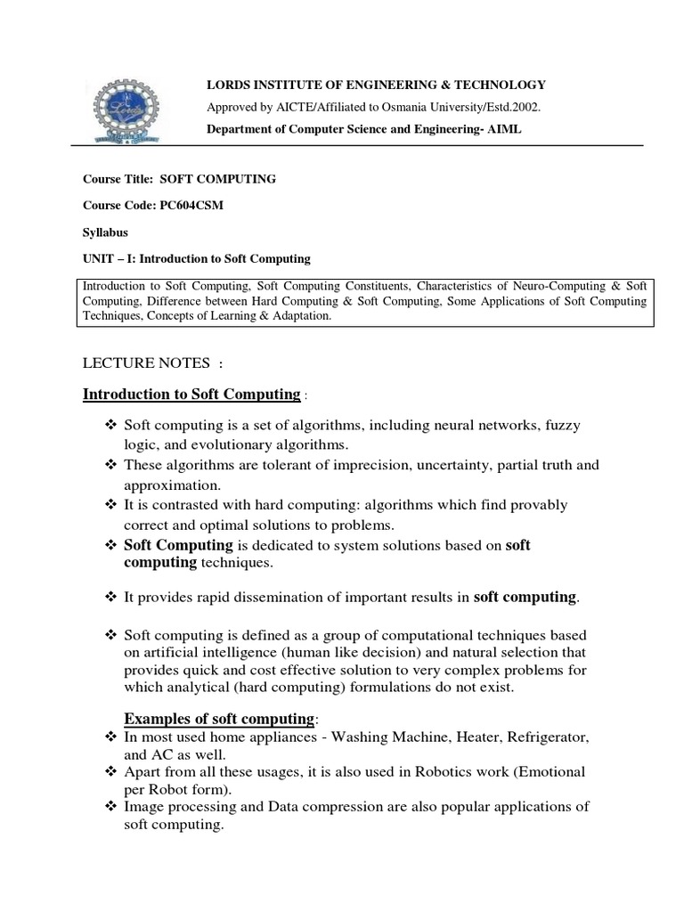 LIET III CSE AIML II SEM A & B OU Soft Computing UNIT I LN | PDF
