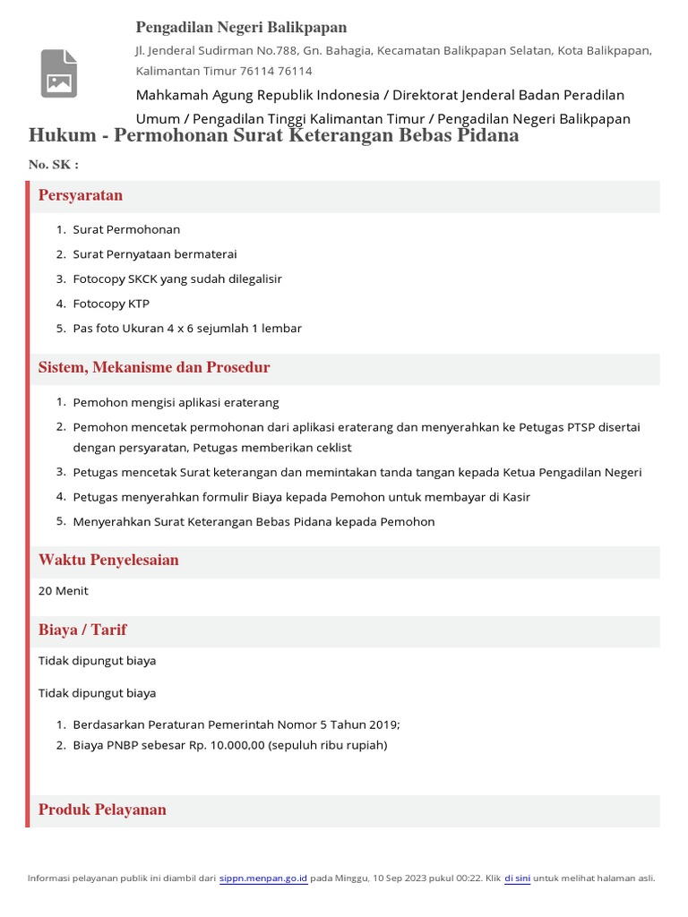 Unduh Standar Pelayanan - Hukum - Permohonan Surat Keterangan Bebas Pidana | PDF