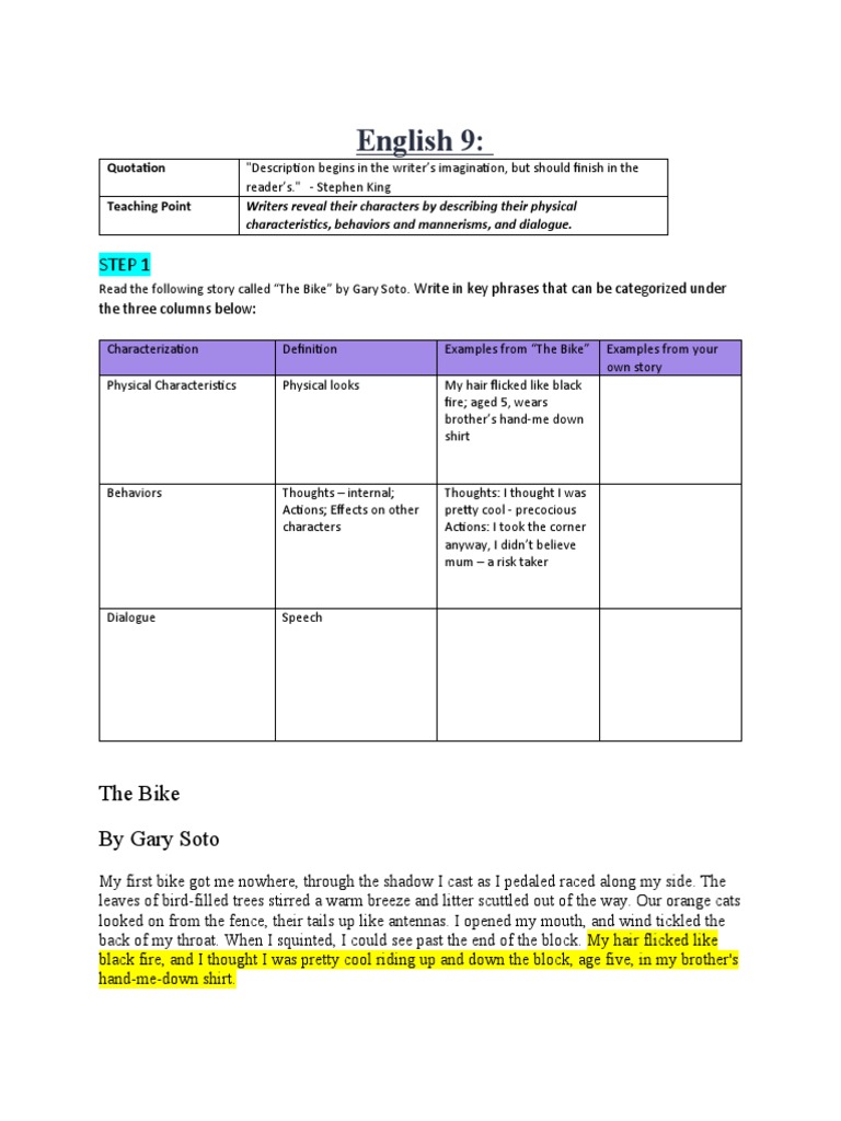 Characterization in "The Bike" Story | PDF